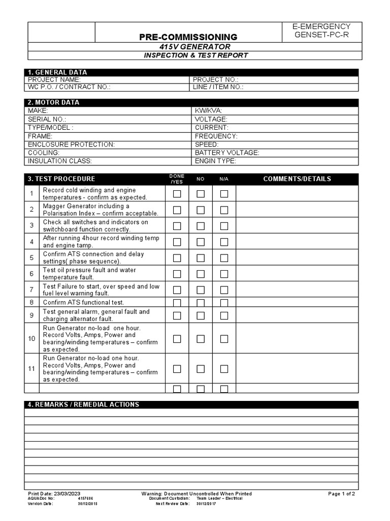 Emergency Genset Pre Commissioning ITR | PDF | Electric Generator ...