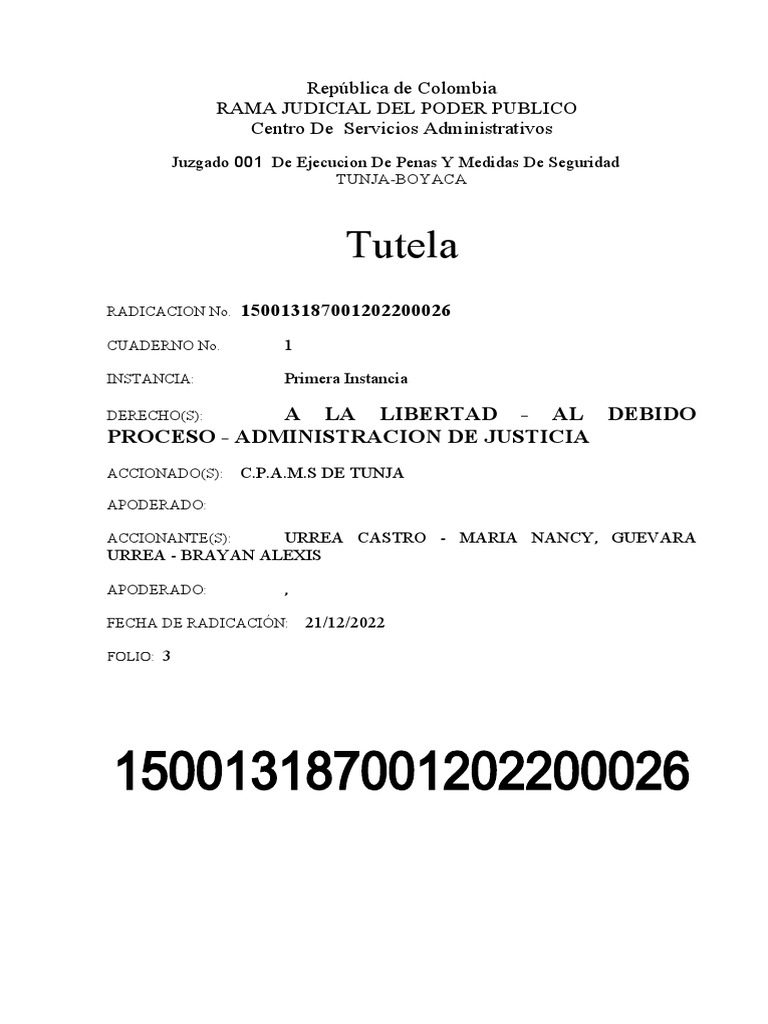 Caratula Tutela 1202200026 | PDF