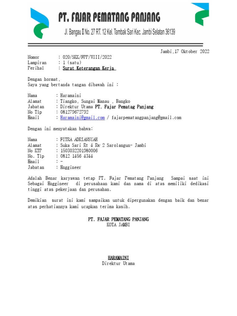 Surat Keterangan Kerja FPP | PDF