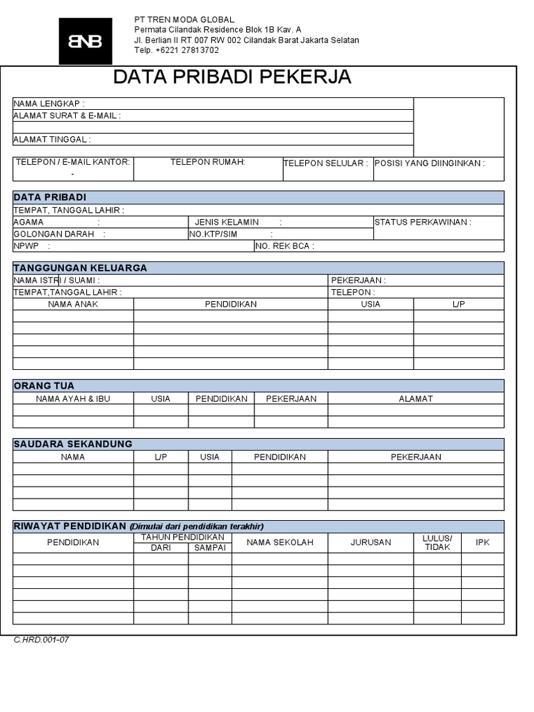 Form Data Pelamar | PDF