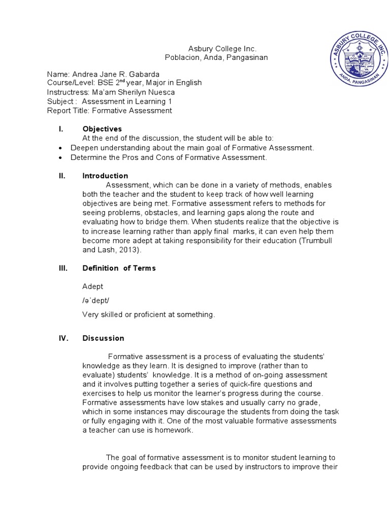 Assessment in Learning 1 Report (Formative Assessment) | PDF ...