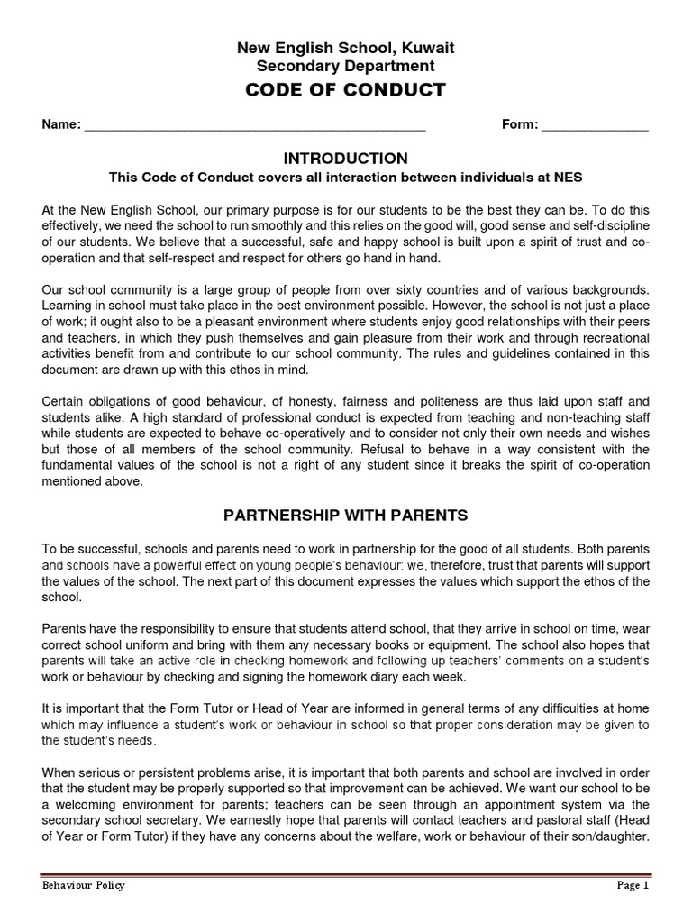 Code of Conduct | PDF | Teachers | Schools