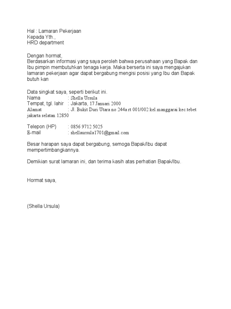 CV Dan Lamaran Kerja Shella Ursula | PDF