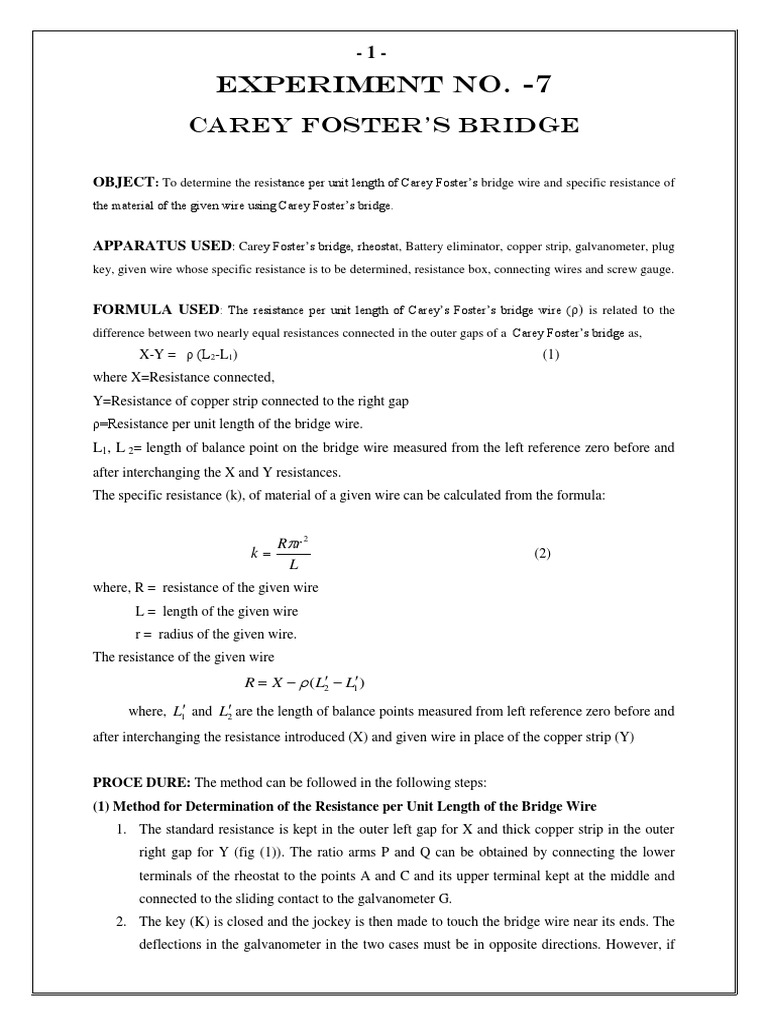Experiment No 7 Carey Foster S Bridge Pdf Electrical Resistance