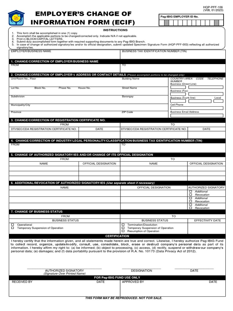 Employer'S Change of Information Form (Ecif) : Instructions | PDF ...