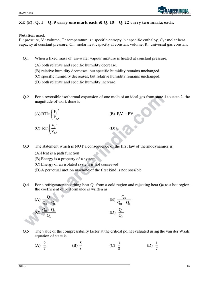 GATE 2018 Thermodynamics Exam | PDF | Enthalpy | Heat