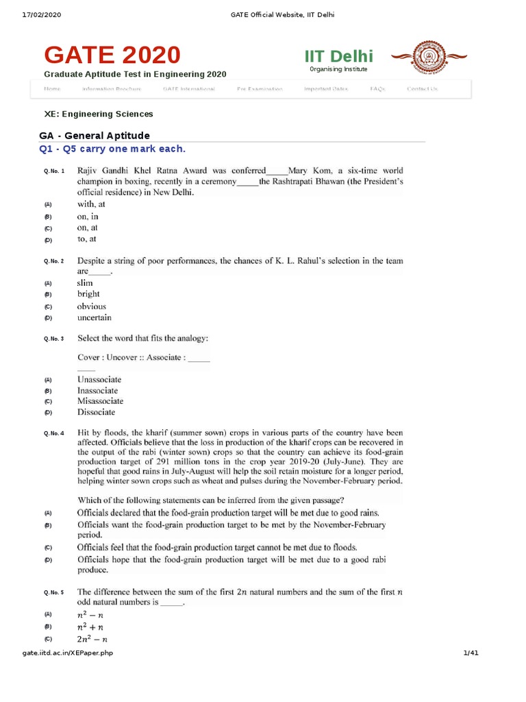 Gate Xe A B C D e F G H Engineering Science Question Paper 2020 1558 ...