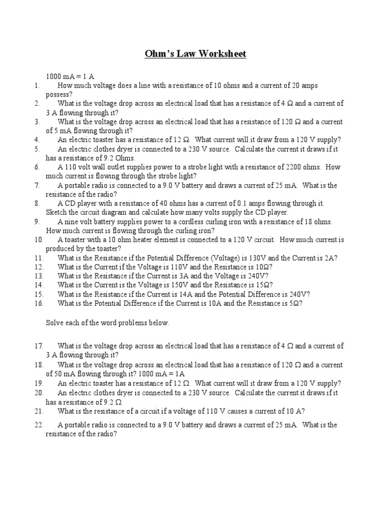 Ohms Law Worksheet | PDF | Voltage | Electrical Resistance And Conductance