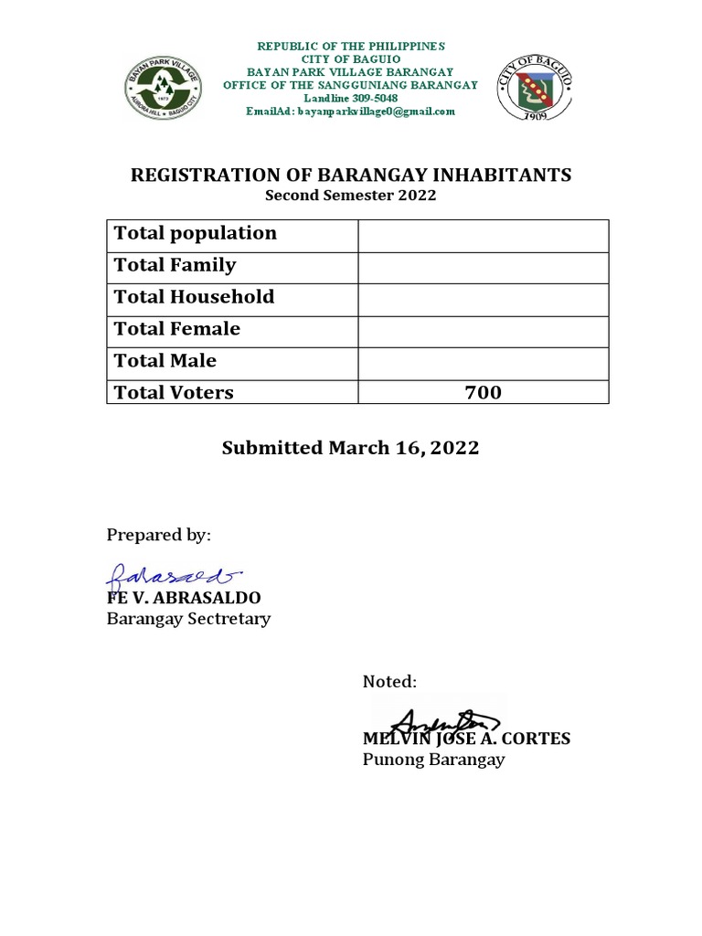 Registration Report for Bayan Park Village Barangay Covering Population ...