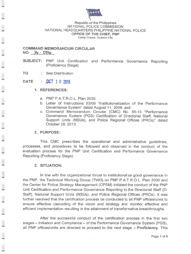 CMC No. 36-2016 PNP Unit Certification and Performance Governance ...