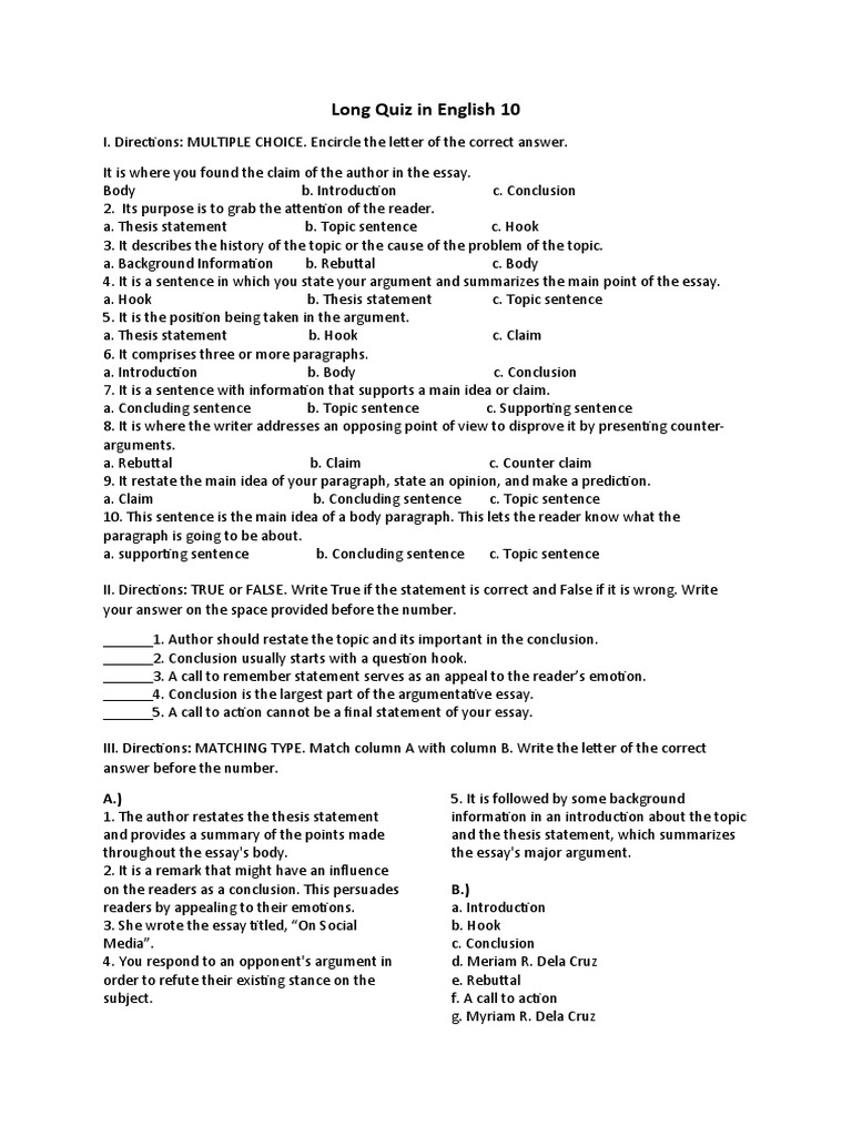 English 10 Quiz: Essay Structure Basics | PDF | Essays | Argument