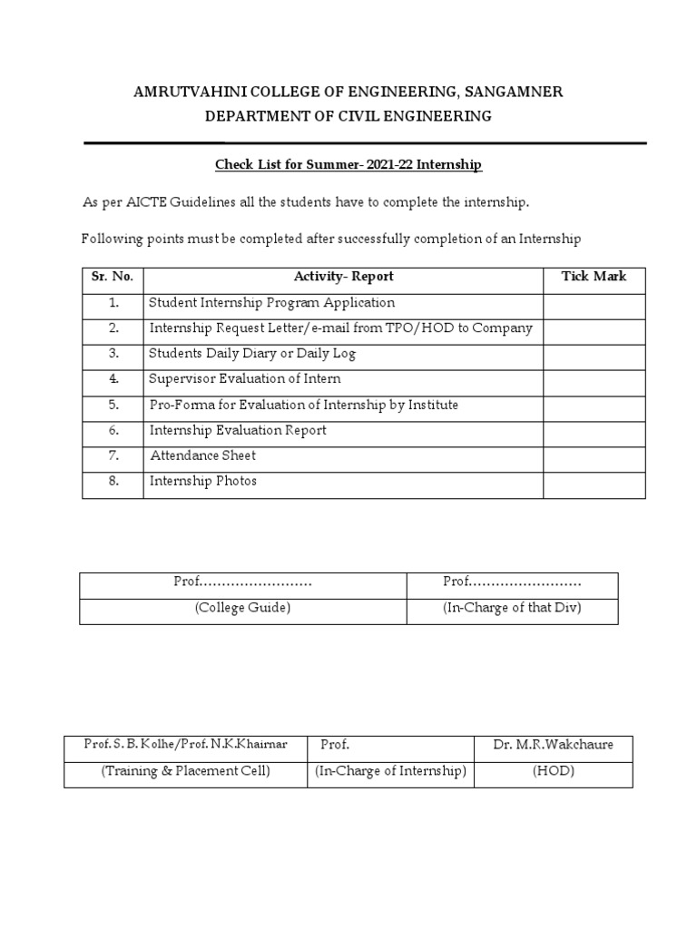 Check List For Internship | PDF