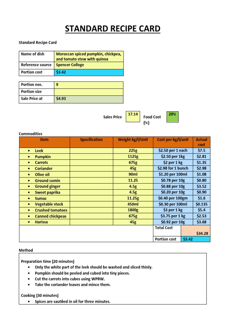 Standard Recipe Card (%) | PDF | Cooking | Food And Drink