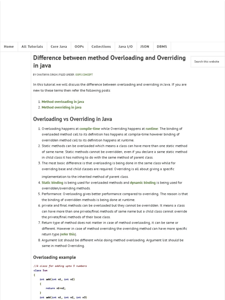 Difference Between Method Overloading And Overriding In Java Pdf Pdf Method Computer