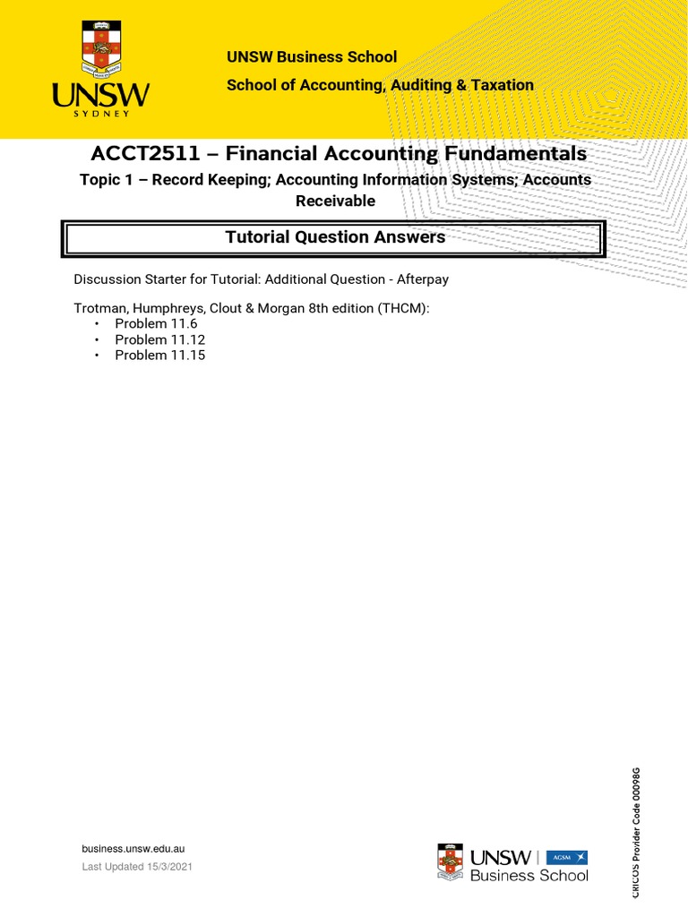 ACCT2511 Topic 1 Tutorial Question Answers 2023 T1 | PDF | Factoring ...
