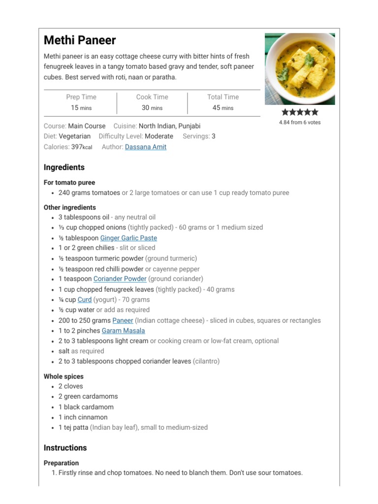Methi Paneer - Veg Recipes | PDF | Indian Cuisine | Curry