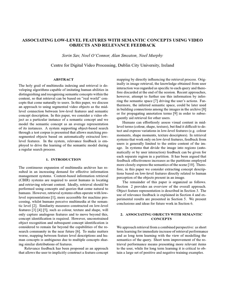 Associating Low Level Features With Semantic Concepts Using Video Objects Pdf Cognitive