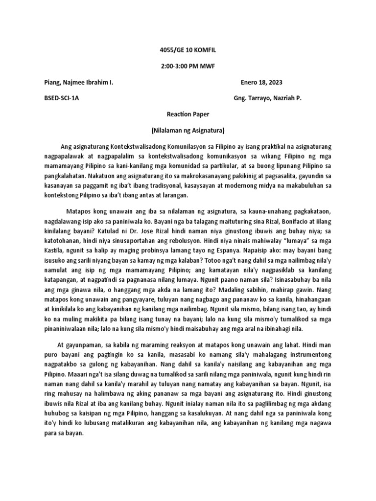 REACTION PAPER-KOMFIL Final | PDF