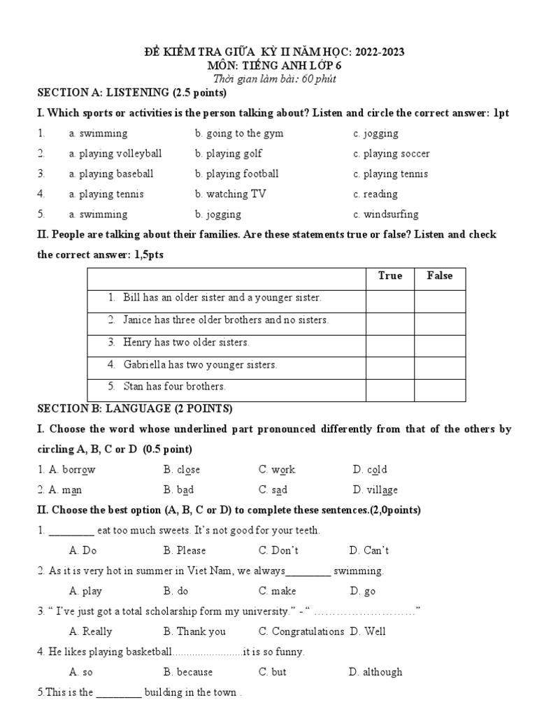 ĐỀ KIỂM TRA GIỮA KÌ 2 - ANH 6 CHÍNH THỨC | PDF