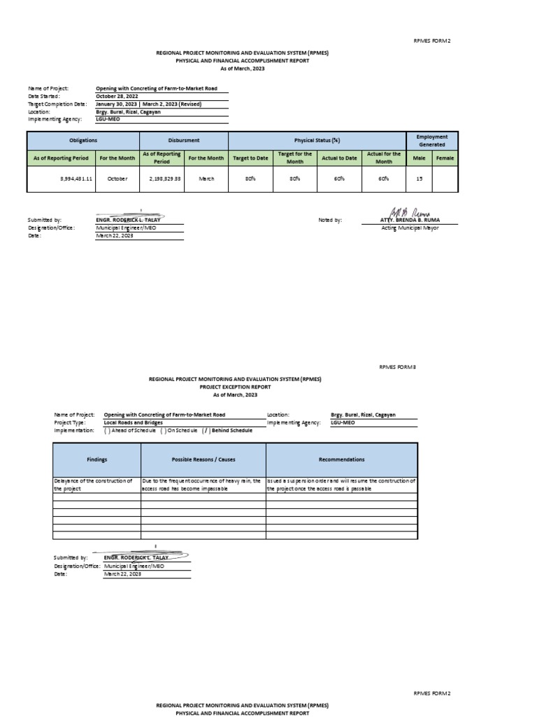 RPMES Form 1: Farm-to-Market Road Update | PDF | Business