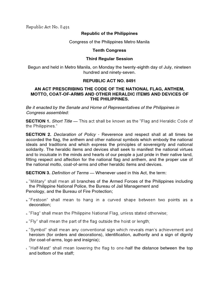 Ra 8491 - Flag and Heraldic Code | PDF | Flag | Symbols