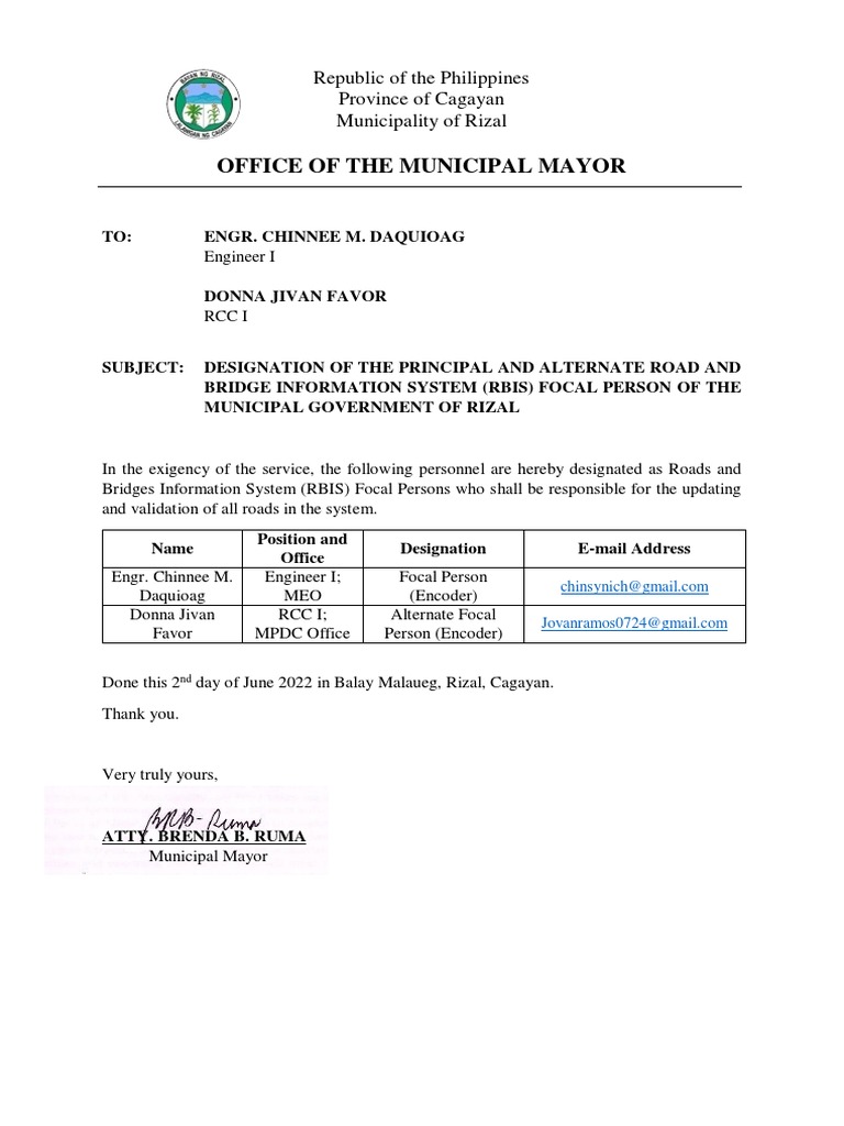 Designation of RBIS Focal Persons | PDF