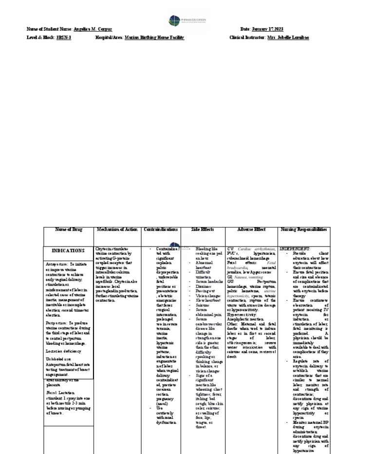 Drug Study For Oxytocin | PDF | Childbirth | Health Sciences