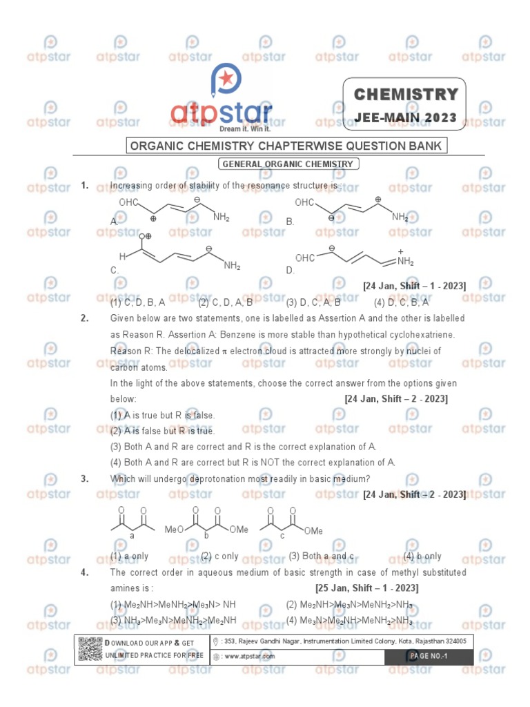 Organic Chemistry JEE Main 2023 Chapterwise PYQs PDF | PDF | Amine | Chemical Compounds