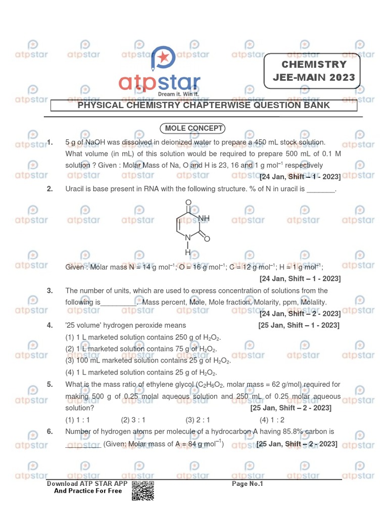 Physical Chemistry JEE Main 2023 Chapterwise PYQs PDF | PDF | Ph | Mole (Unit)
