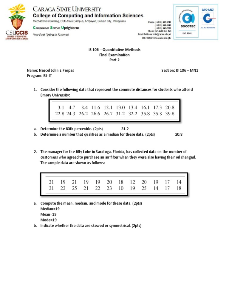 IS106 - FinalExam - B Nescel John Perpas | PDF | Normal Distribution | Confidence Interval