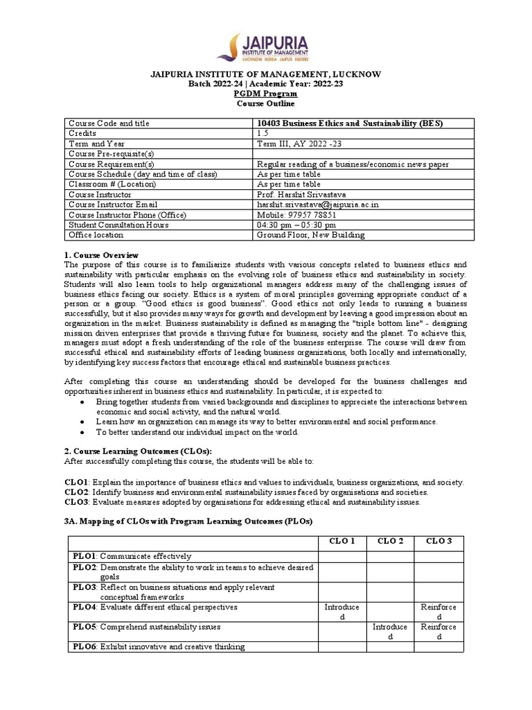 BES 2022-23 Course Outline (PGDM) | PDF | Sustainability | Business Ethics