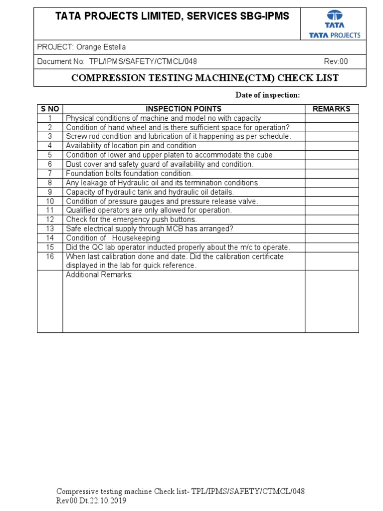 Compressive Testing Machine Check List - TPLIPMSSAFETYCTMCL048 Rev00 Dt ...