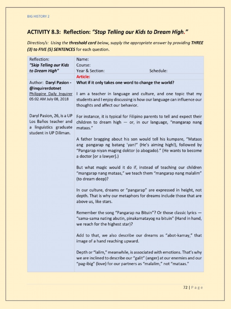 Activity 8.3 - Reflecrion - Skip Telling Our Kids To Dream High | PDF