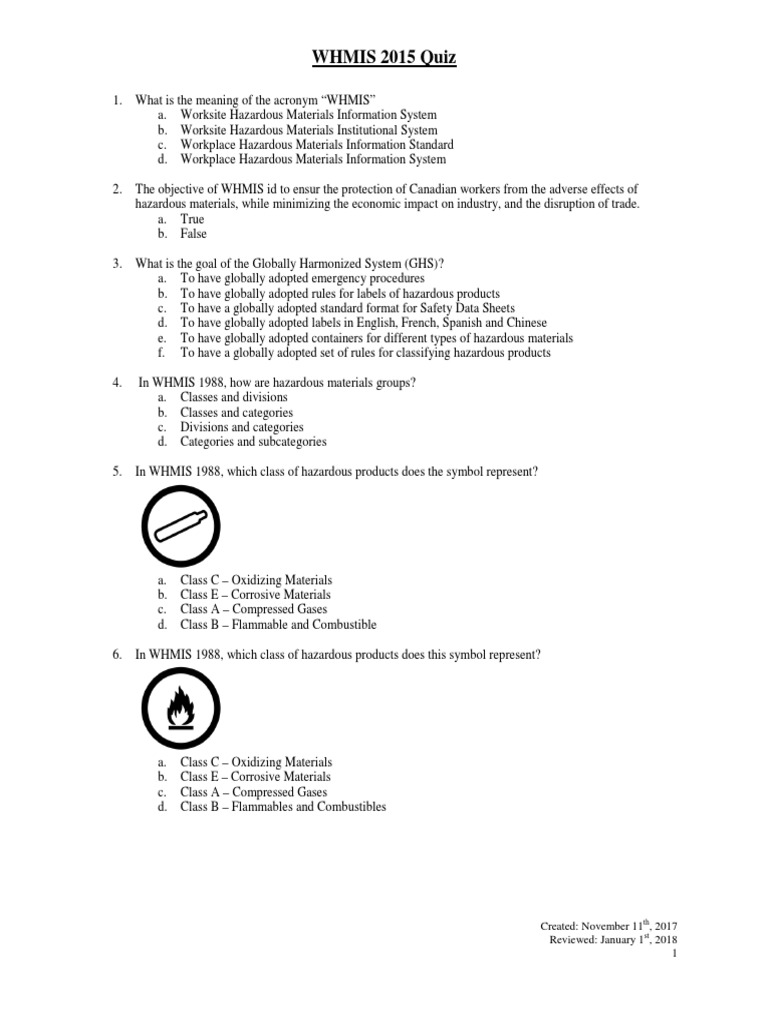 WHMIS 2015 Quiz | PDF | Dangerous Goods | Chemistry