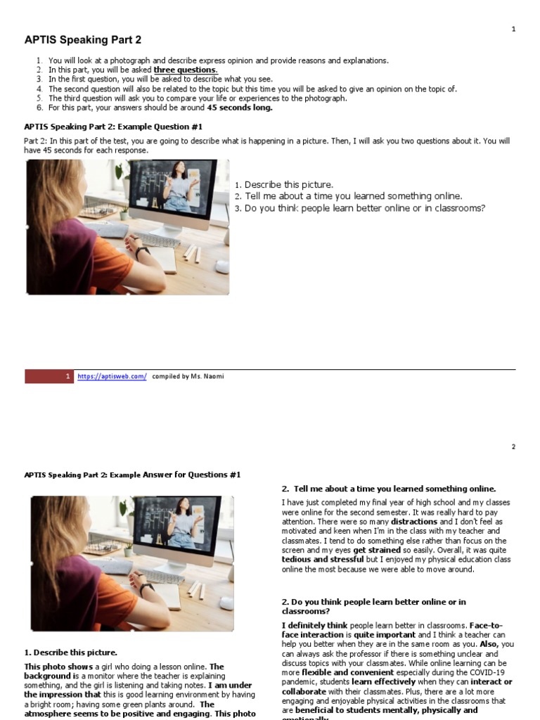 APTIS Speaking Part 2 - Intake 1 2021 1 PDF | PDF | Classroom | Teachers