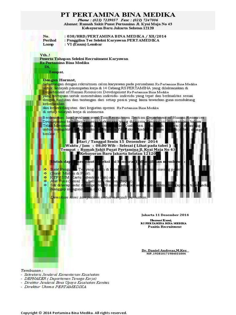 Surat PanggilanTes RS Pertamina Bina Medika | PDF