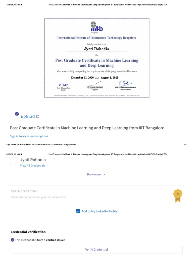 Post Graduate Certificate in Machine Learning and Deep Learning From IIIT Bangalore - Jyoti ...
