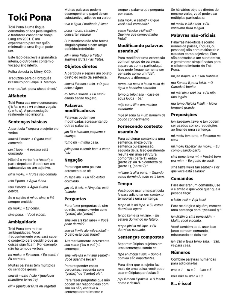 Toki Pona Cheat Sheet PT - BR | PDF | Linguística