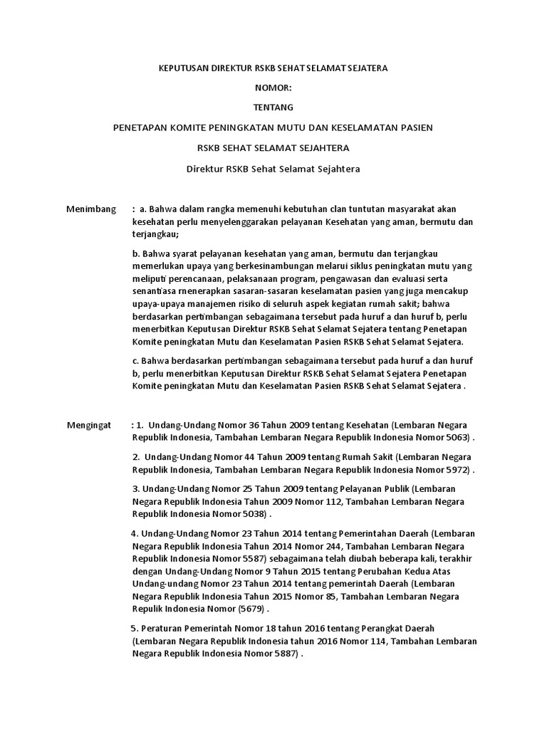 Keputusan Direktur RSKB Sehat Selamat Sejatera | PDF