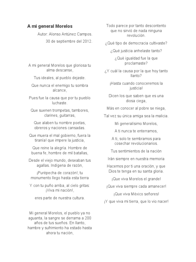 A Mi General Morelos Que Gloriosa Tu Alma Descanse. Poesia | PDF