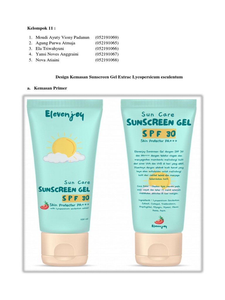 Kelompok 11 Kosmetologi - Desain Kemasan Sunscreen Gel Ekstrak Tomat | PDF