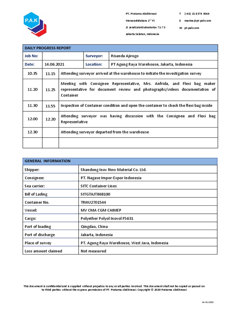 Cargo Damage Survey - Ping An - Daily Progress Report - 14.06.2021 ...
