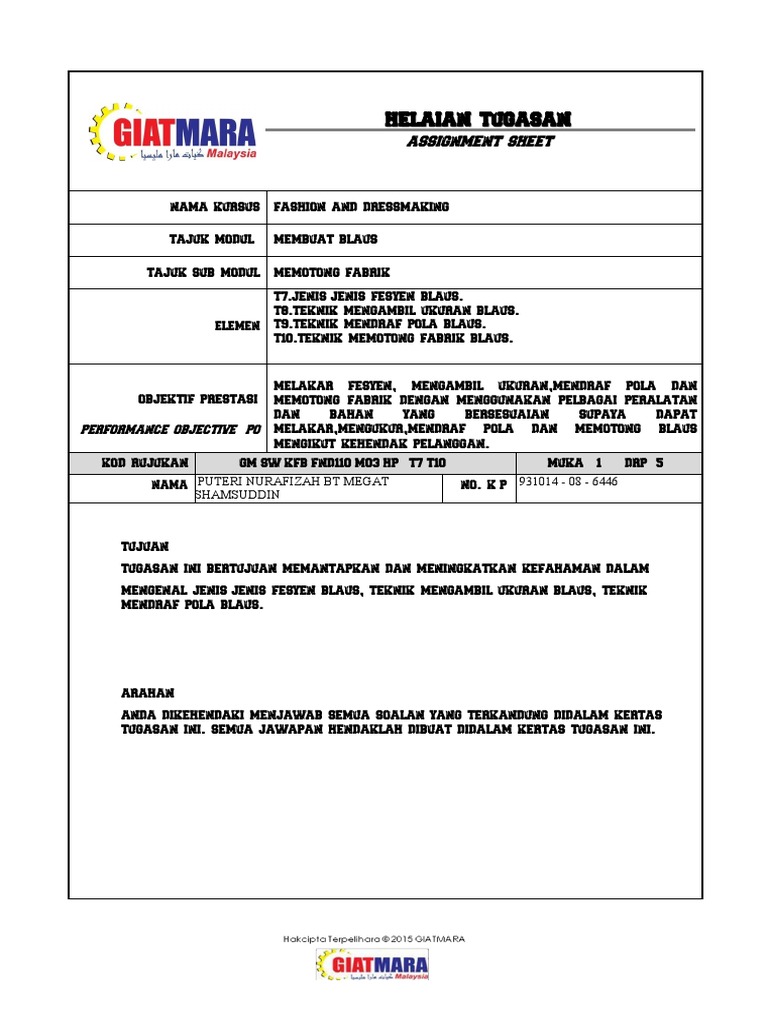 Blaus M03-HT (HT1-HT4) Puteri Nurafizah PDF | PDF