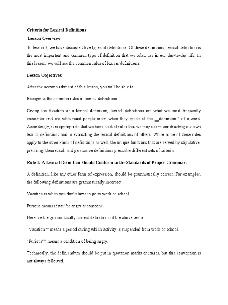 Criteria For Lexical Definitions | PDF | Definition | Human Communication