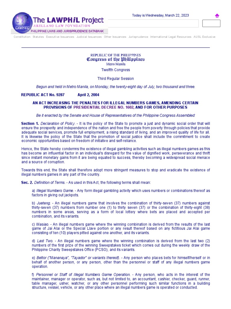 RA 9287: Penalties for Illegal Gambling | PDF | Crimes | Crime & Violence