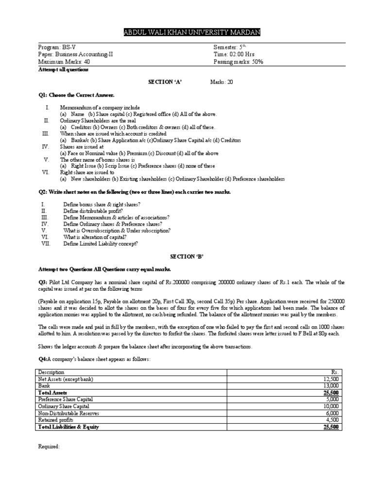 Business Accounting-II Exam Questions | PDF | Balance Sheet | Debits ...