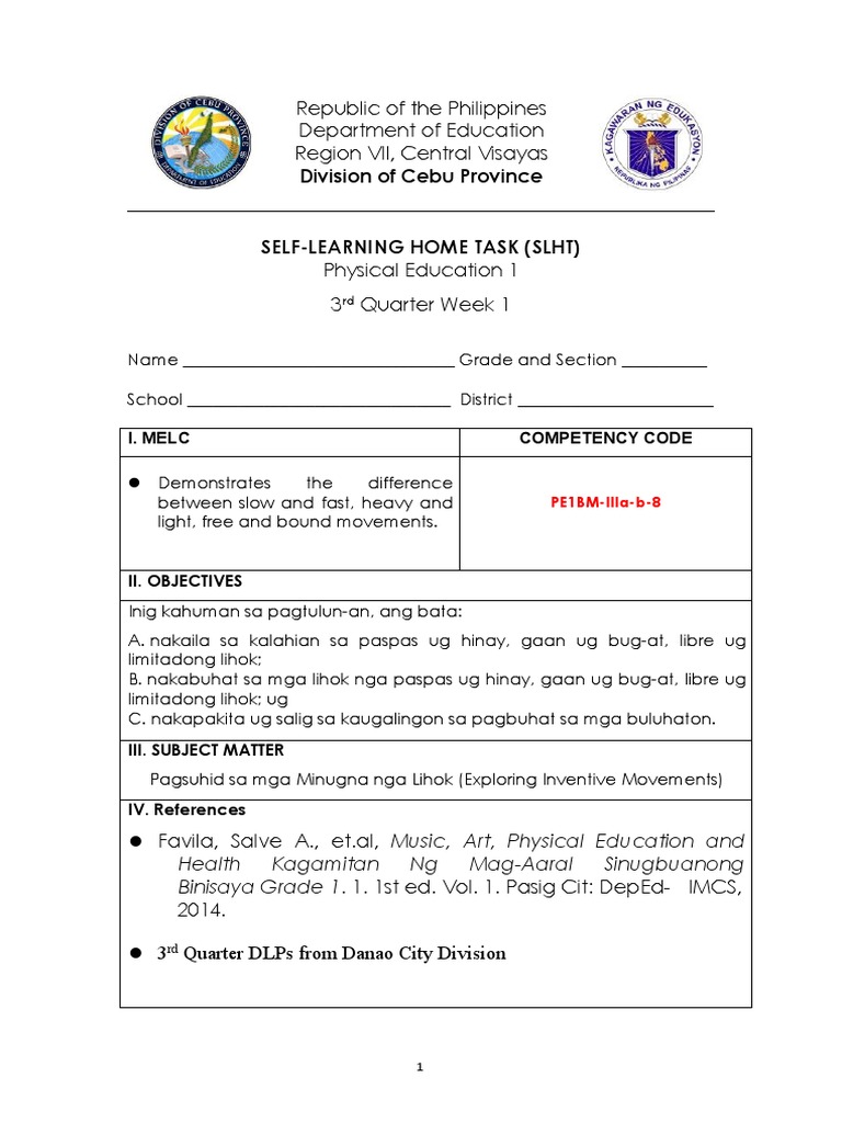 3rd Quarter PE1 SLHT Week 1 | PDF 3rd Quarter PE1 SLHT Week 1 | PDF