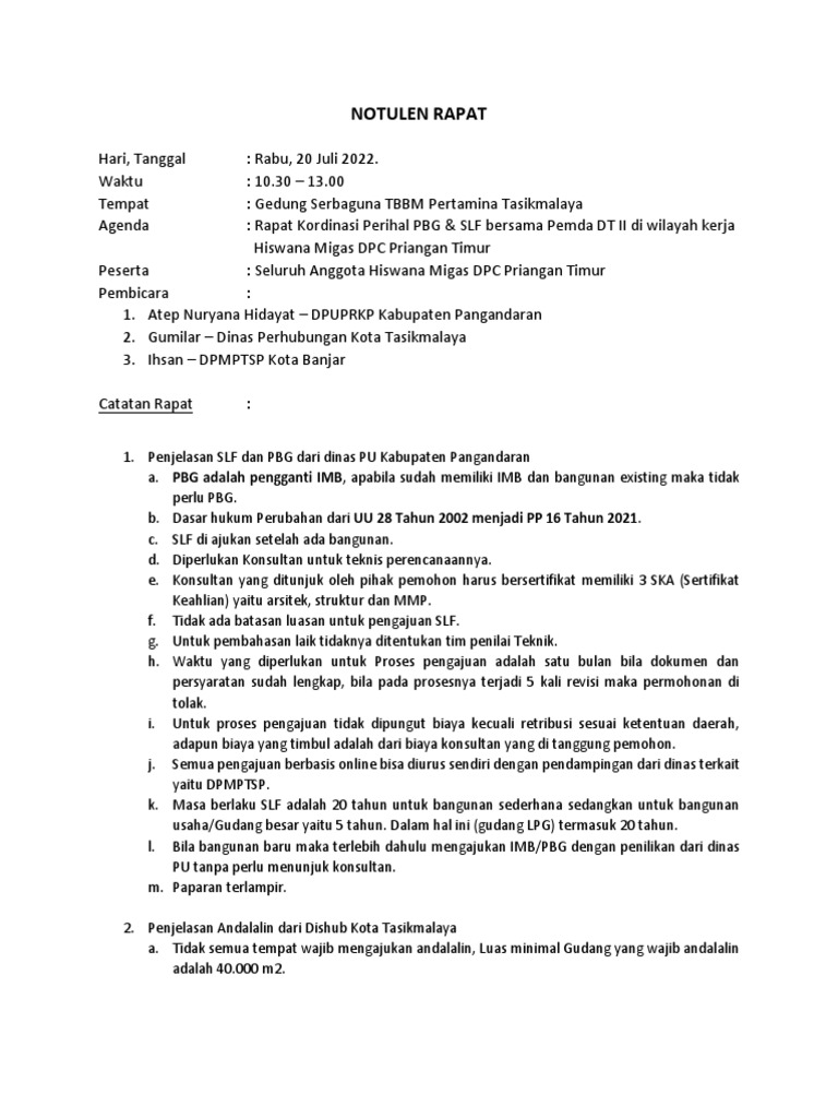 Notulensi Rapat SLF Dan PBG | PDF