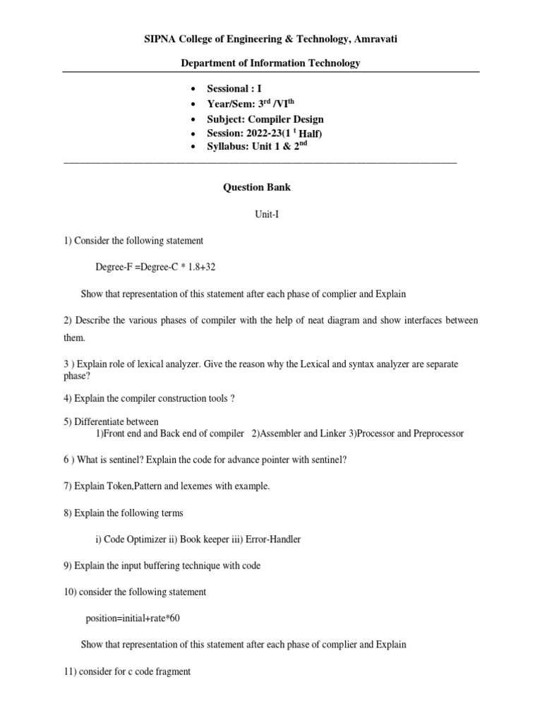 COMPILER DESIGN Question Bank Sessional 1 - 2022-23 | PDF | Compiler ...