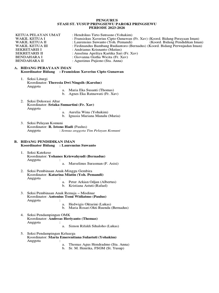 Susunan Pengurus Stasi St. Yusup | PDF